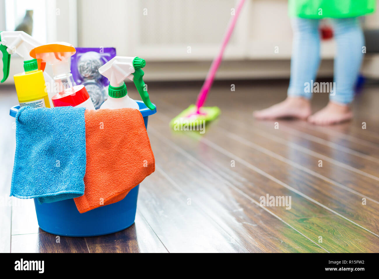Cleaning service. Bucket with sponges, chemicals bottles and mopping ...