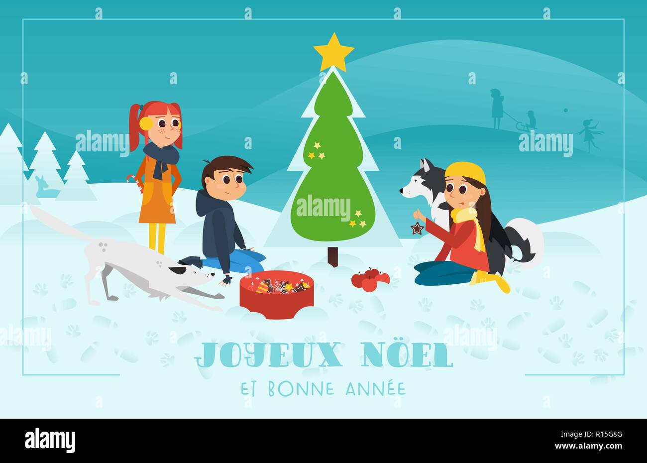 Christmas Greeting Card with French text Joyeux Noel et Bonne Annee, in ...