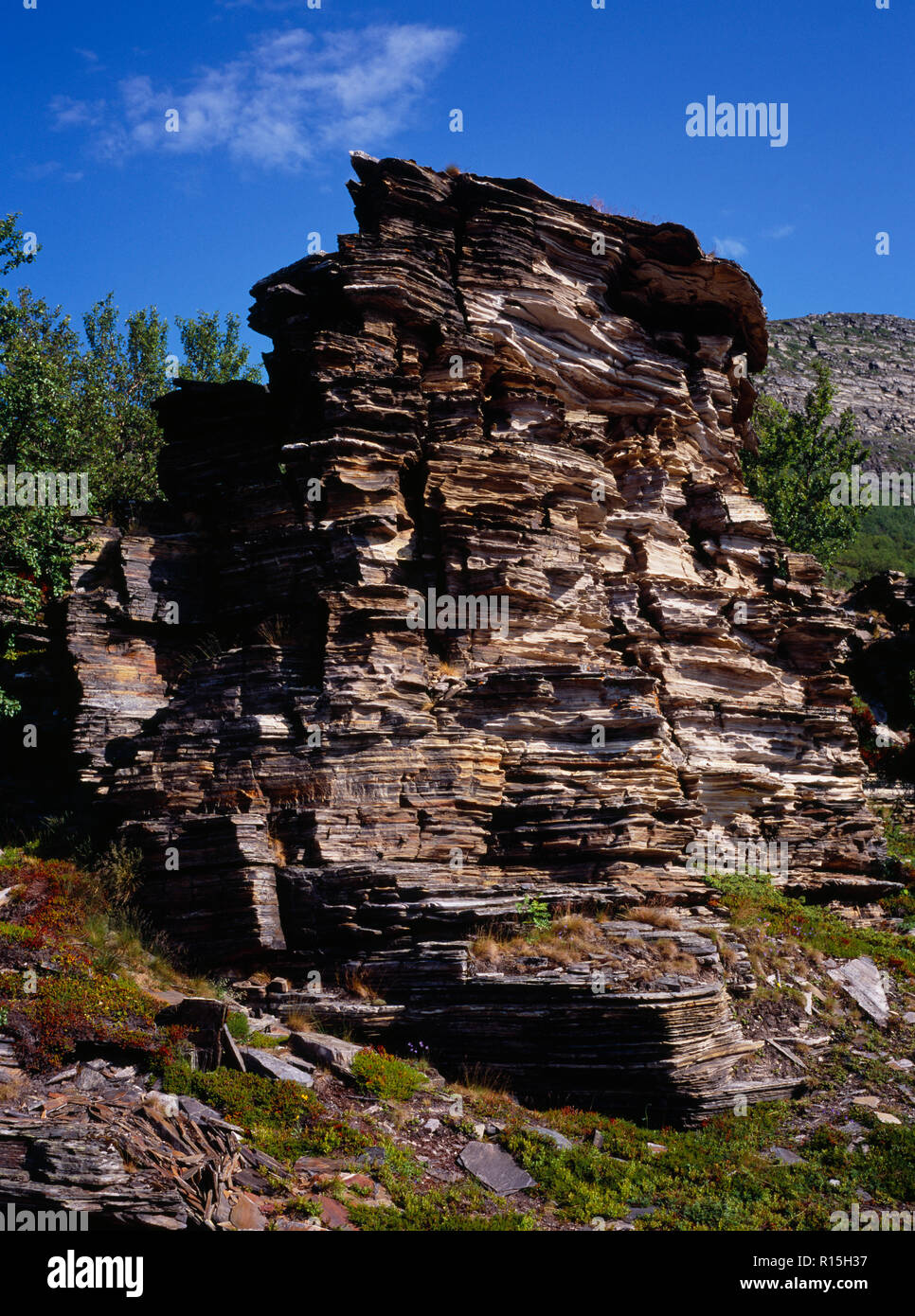 Norway, Finmark, Landscape, Stratified soft rocks beside road to ...
