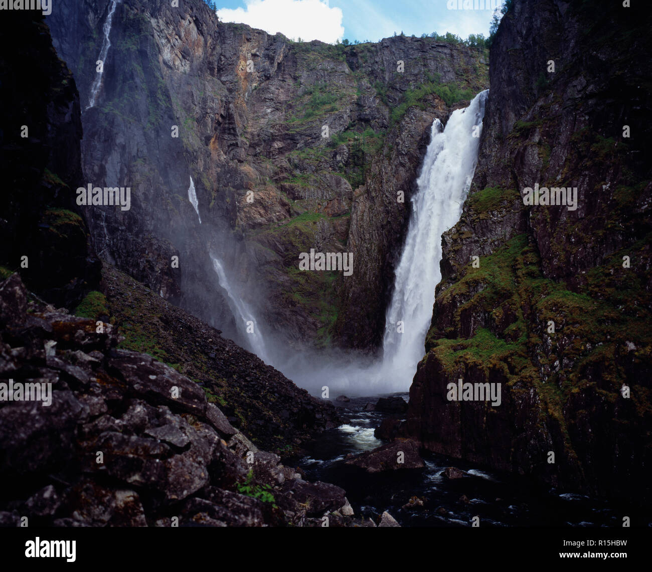 Norway, Hordaland, Mabodalen, Lower section of Voringsfossen waterfall ...