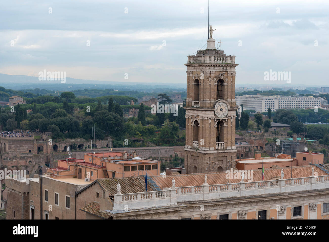 View of the tower of the city Of Rome from the roof of Vittoriano. The ...