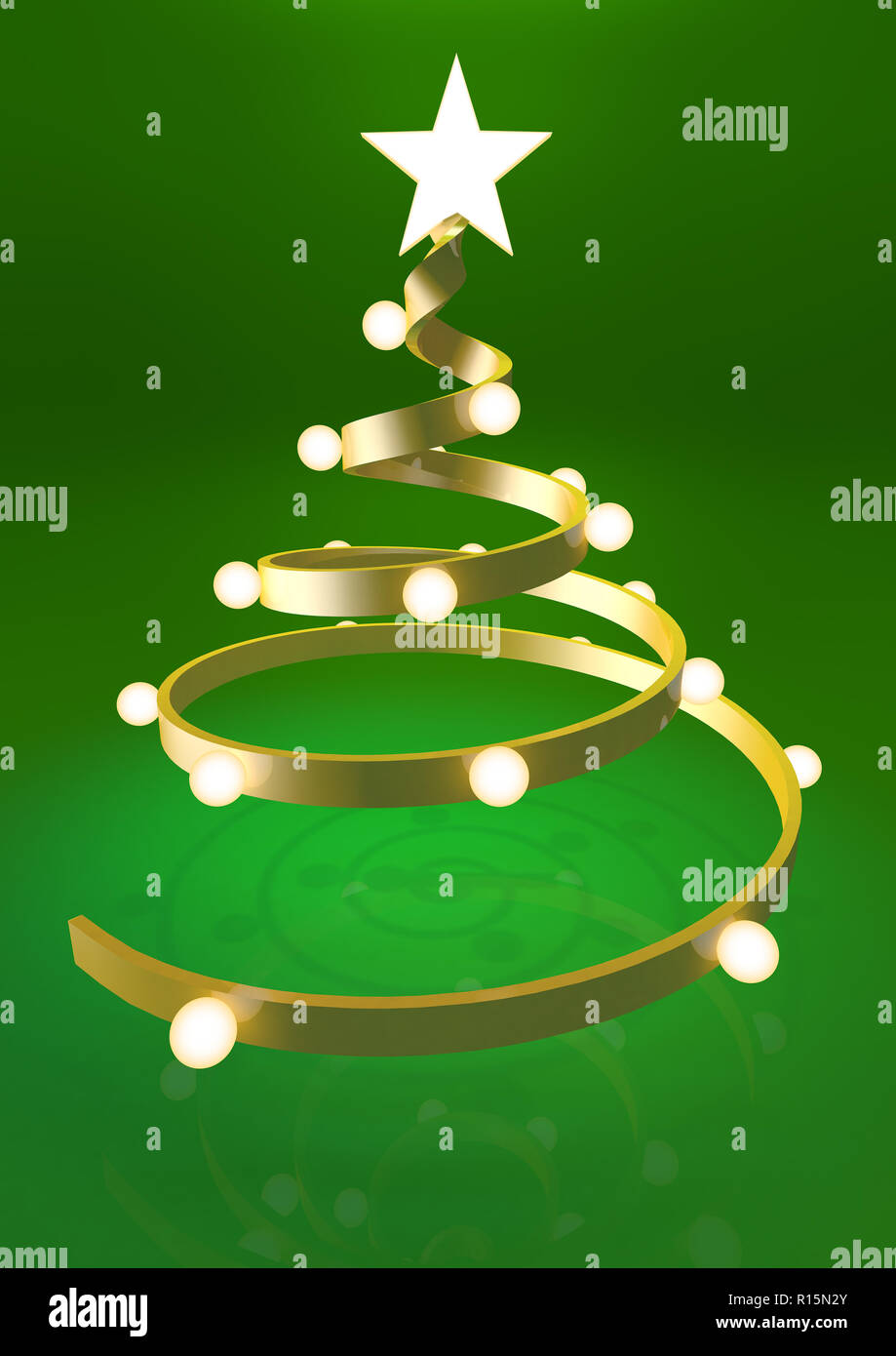 Gold spiral 3d christmas tree with stars and lights and green ...