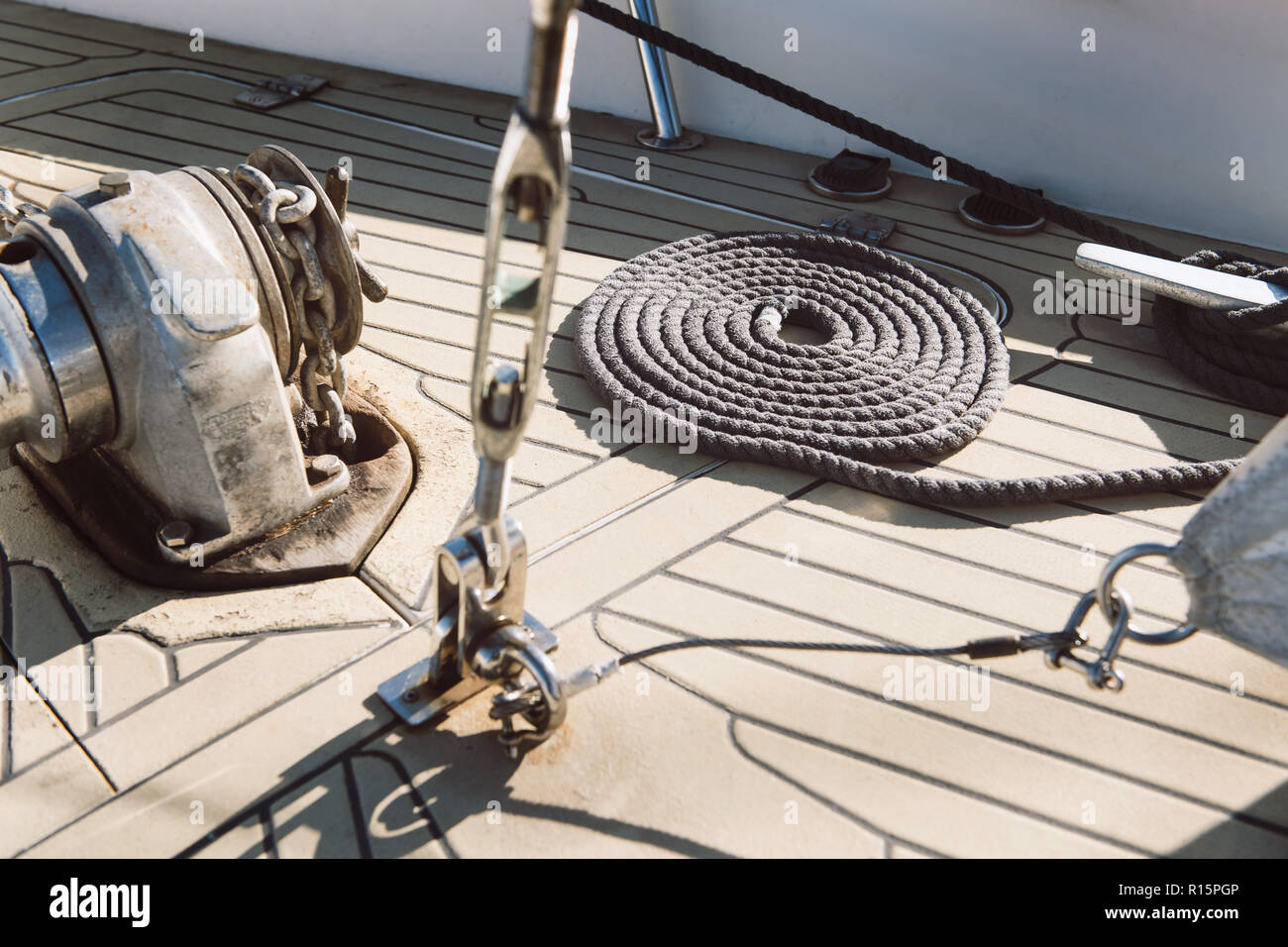 Detail of lines and rigging on yacht Stock Photo - Alamy