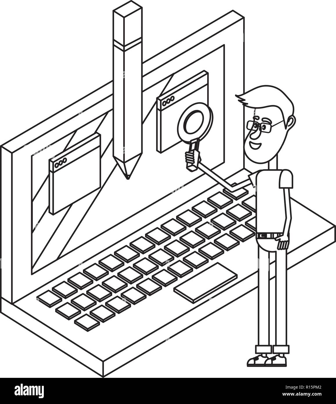 Man with laptop black and white Stock Vector Image & Art - Alamy