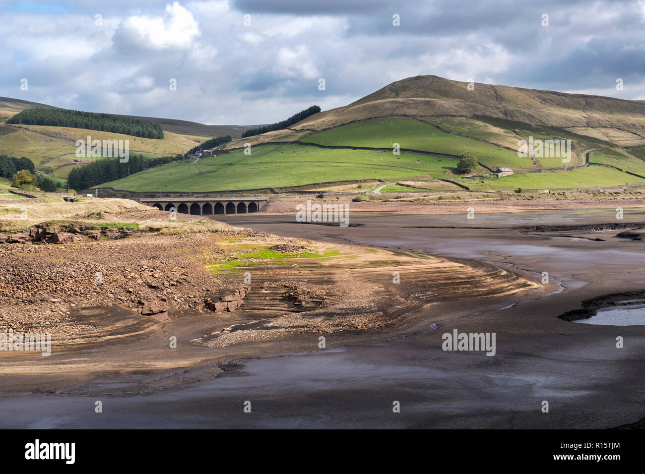 General view of extremely low water levels in Woodhead Reservoir, part ...