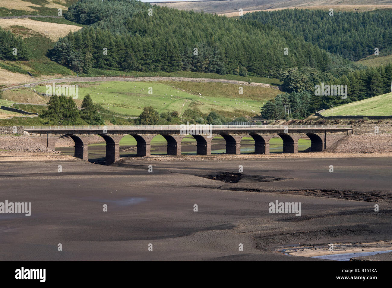 General view of extremely low water levels in Woodhead Reservoir, part ...