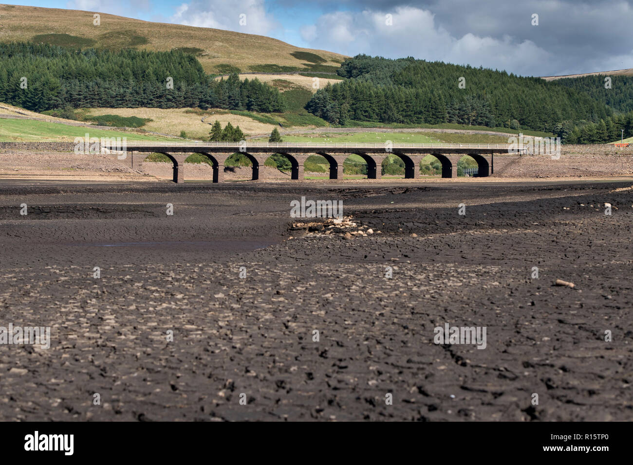 General view of extremely low water levels in Woodhead Reservoir, part ...