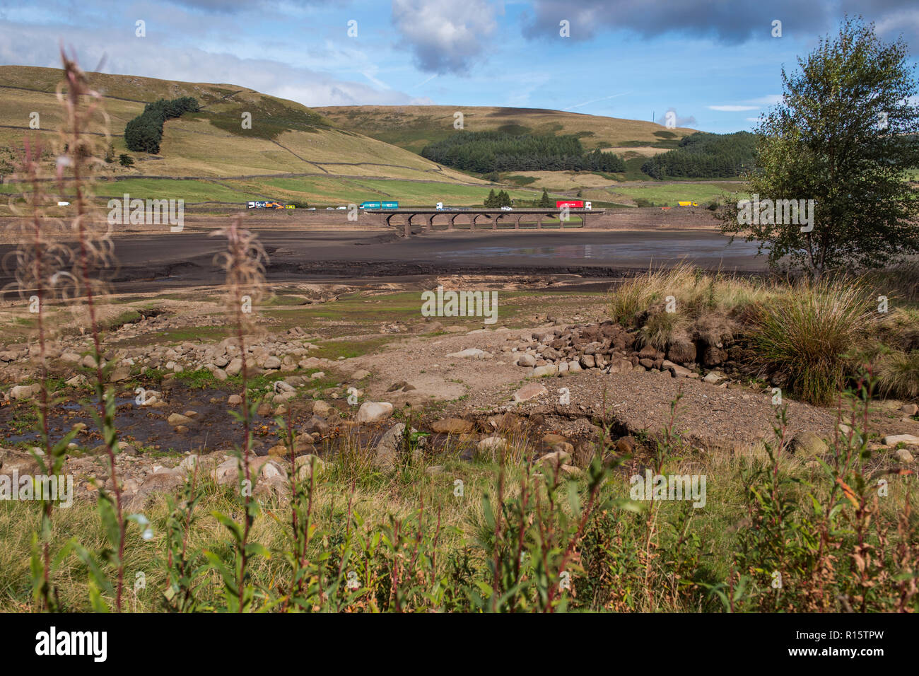 General view of extremely low water levels in Woodhead Reservoir, part ...