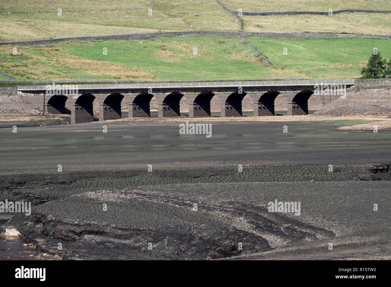 General view of extremely low water levels in Woodhead Reservoir, part ...
