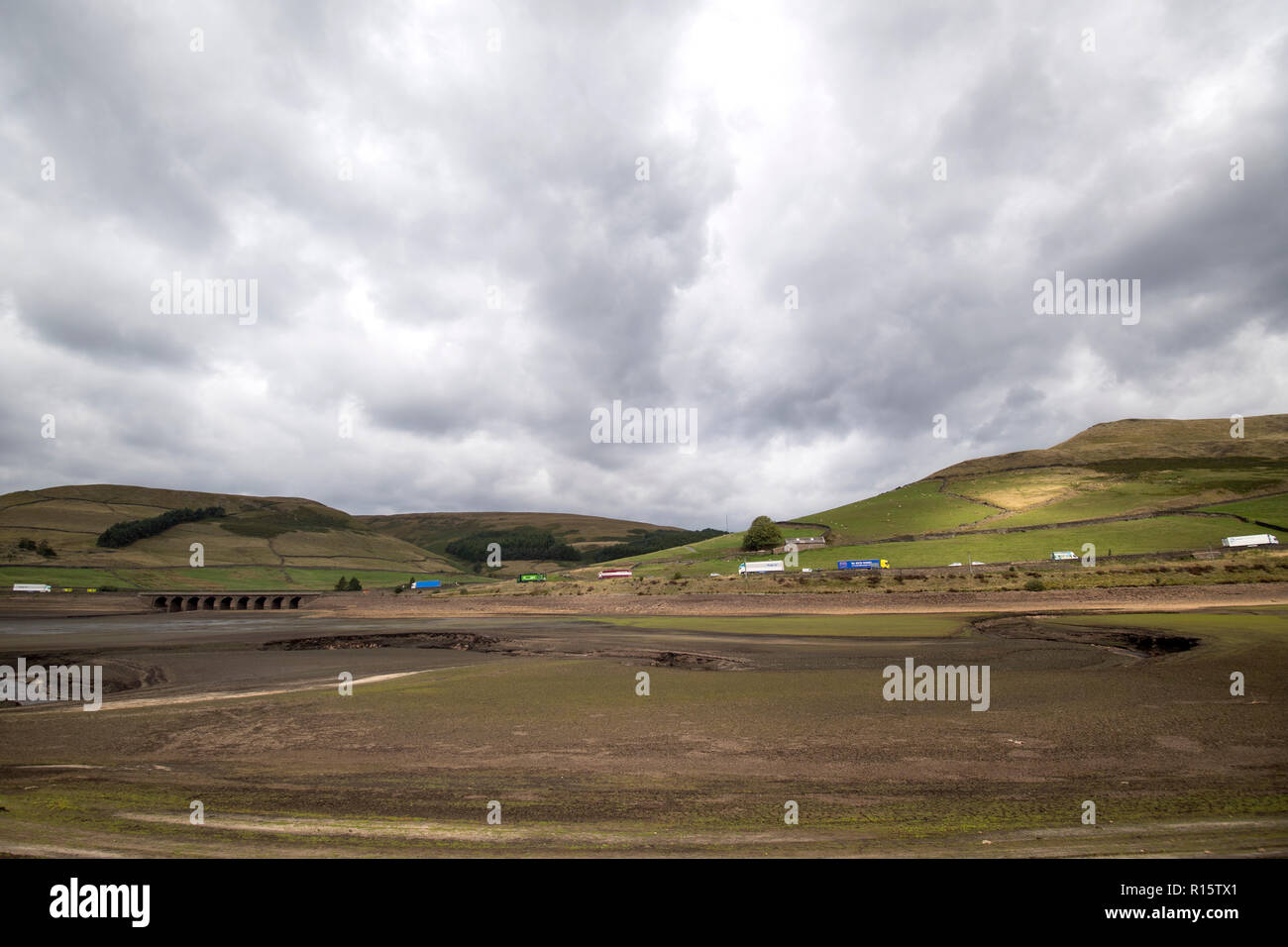 General view of extremely low water levels in Woodhead Reservoir, part ...