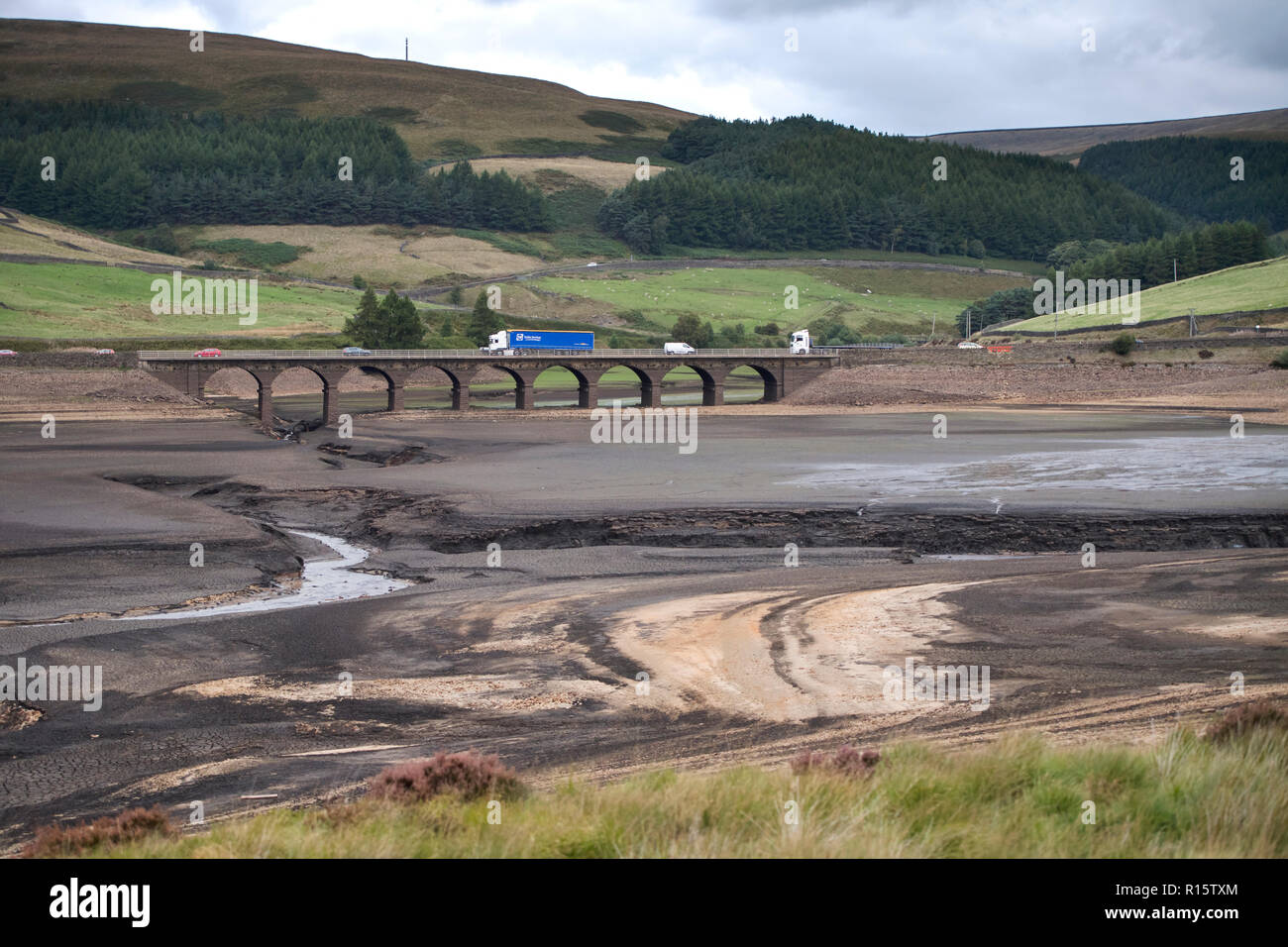 General view of extremely low water levels in Woodhead Reservoir, part ...