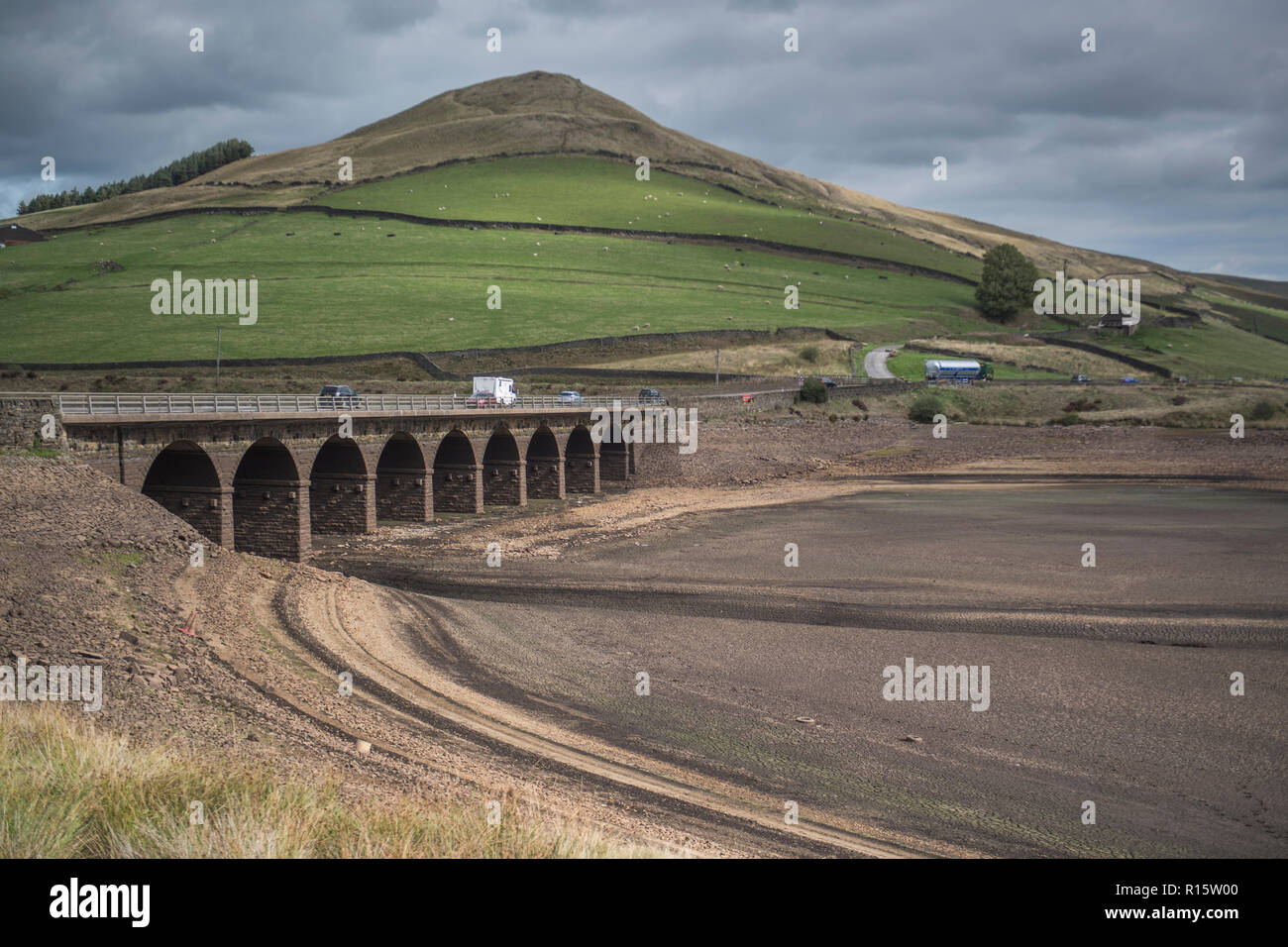 General view of extremely low water levels in Woodhead Reservoir, part ...