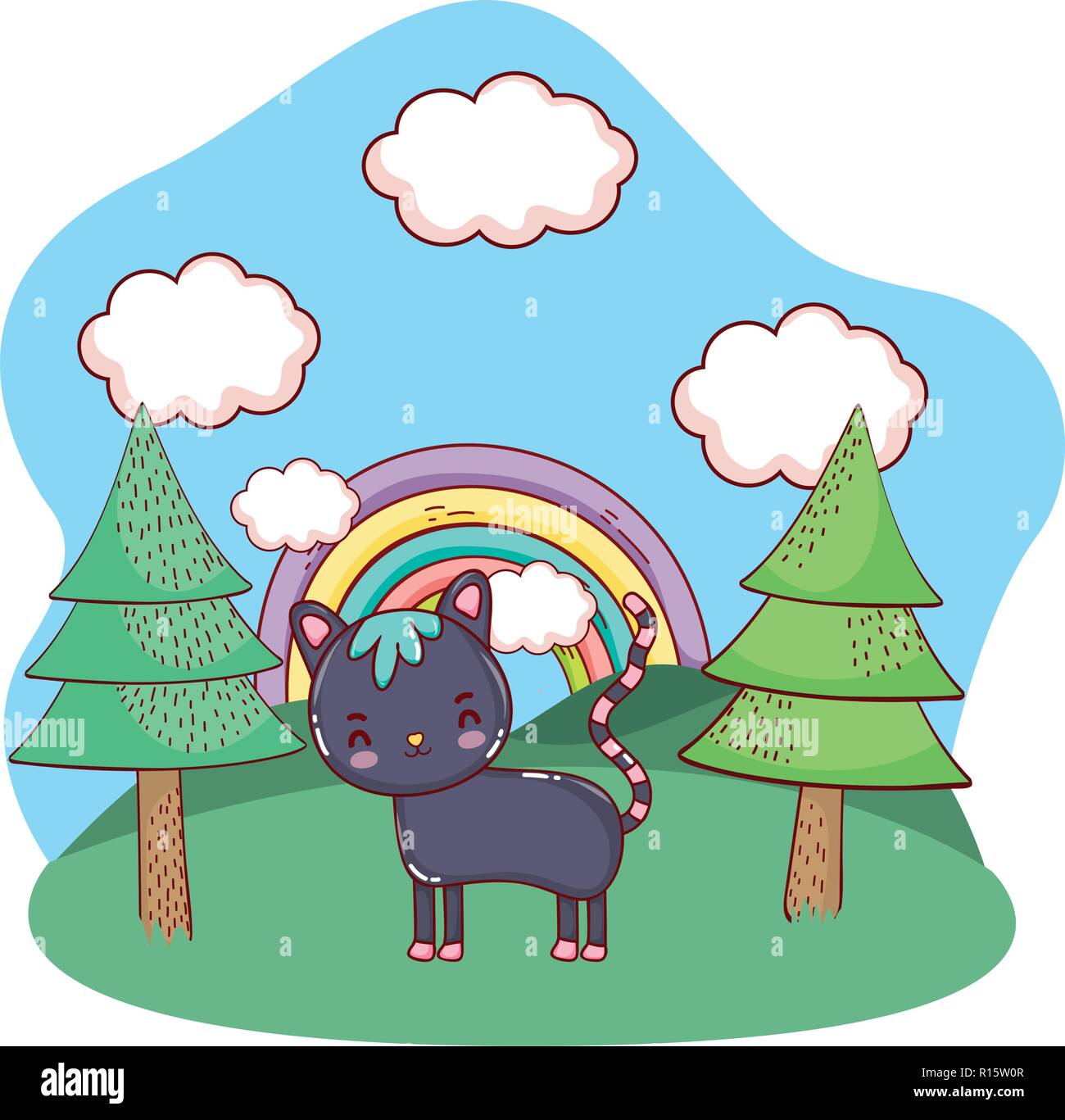 cute cat outdoors landscape scenery cartoon Stock Vector Image & Art ...