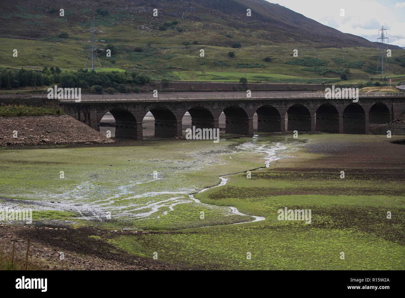 General view of extremely low water levels in Woodhead Reservoir, part ...