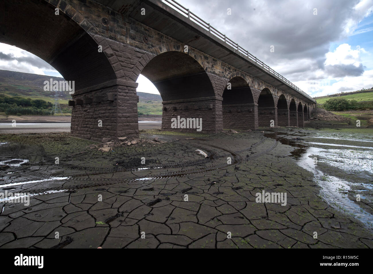 General view of extremely low water levels in Woodhead Reservoir, part ...