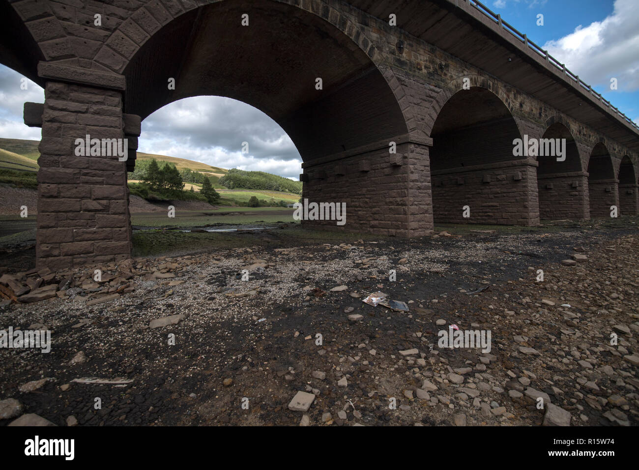 General view of extremely low water levels in Woodhead Reservoir, part ...