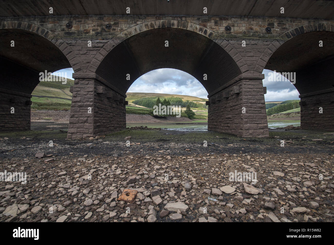 General view of extremely low water levels in Woodhead Reservoir, part ...