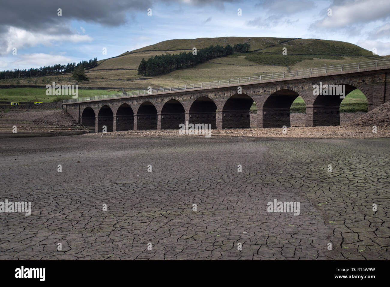 General view of extremely low water levels in Woodhead Reservoir, part ...