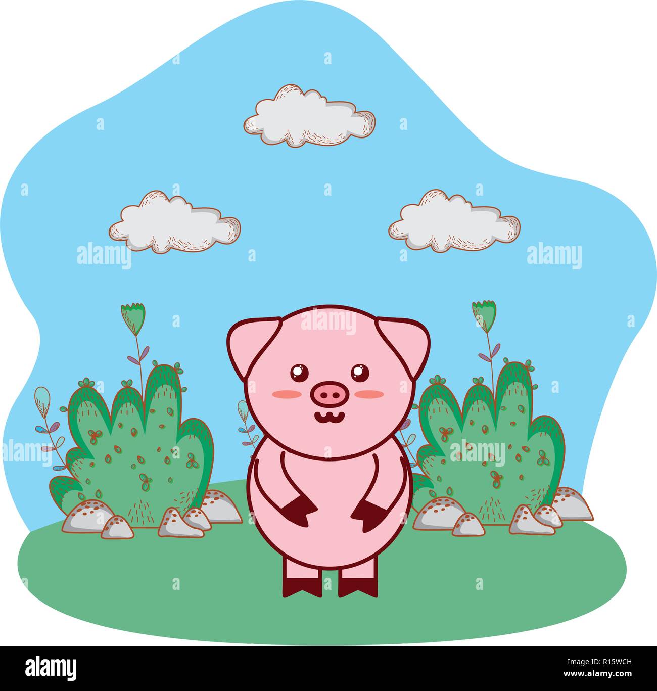 pig in bushy lanscape cartoon Stock Vector Image & Art - Alamy
