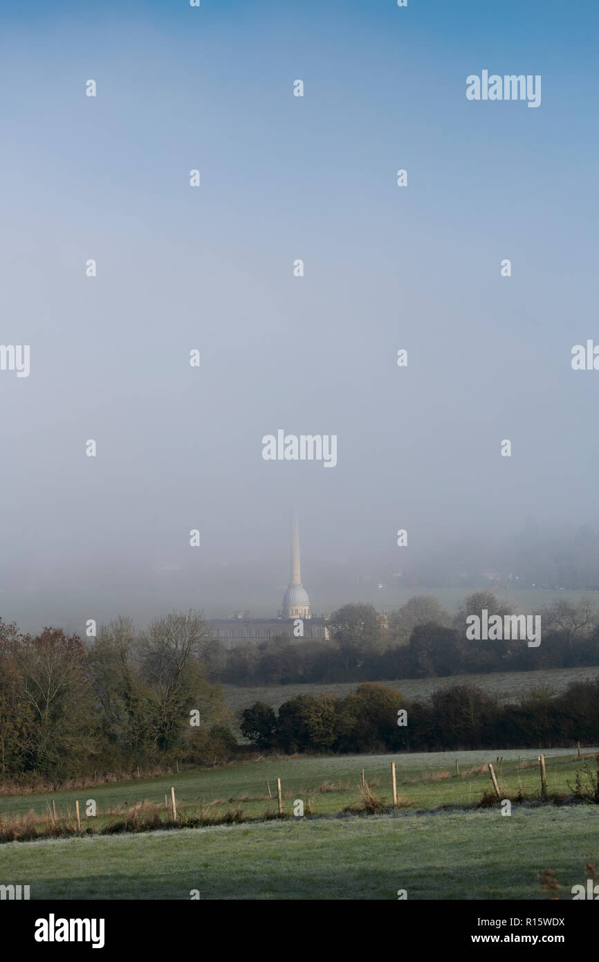 Early morning fog over Bliss Tweed Mill in autumn. Chipping Norton ...