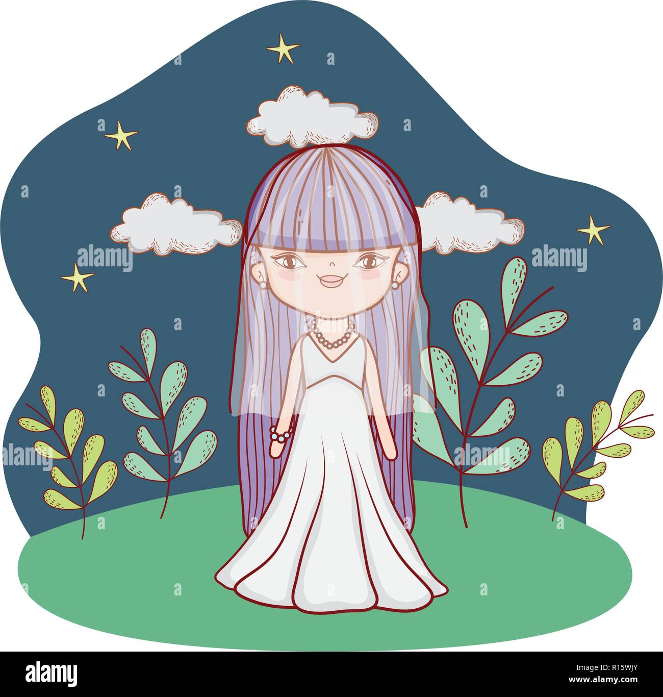 young bride outdoors nighttime landscape cartoon Stock Vector Image ...