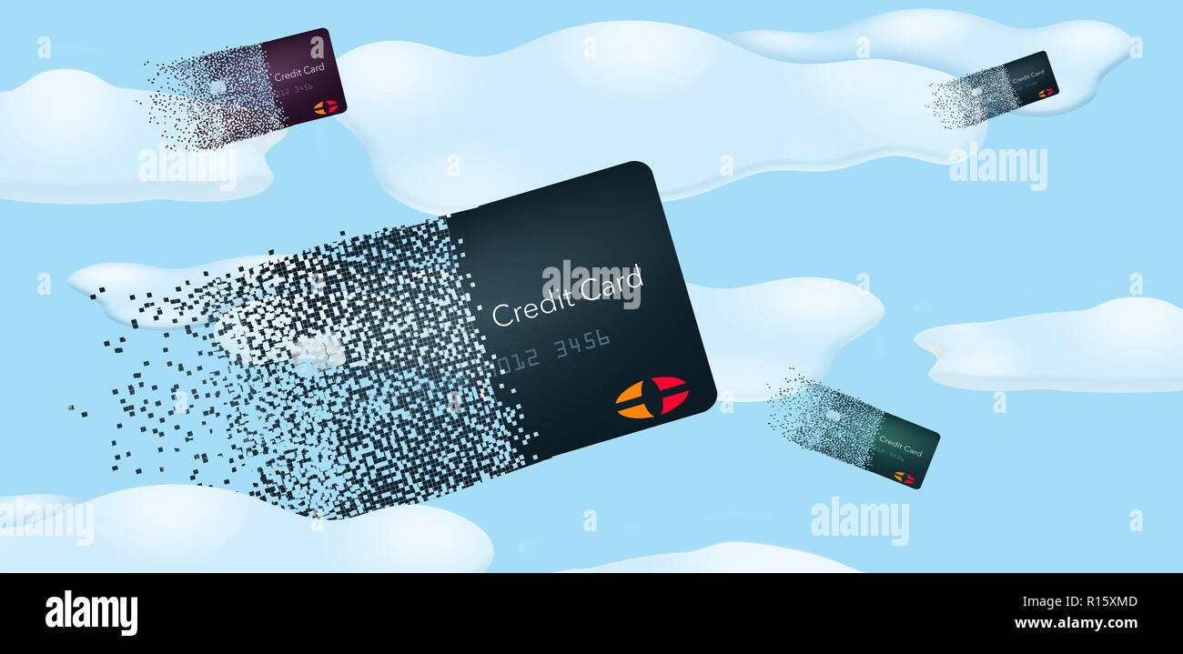 Virtual credit cards are seen pixelated and flying into clouds and blue ...