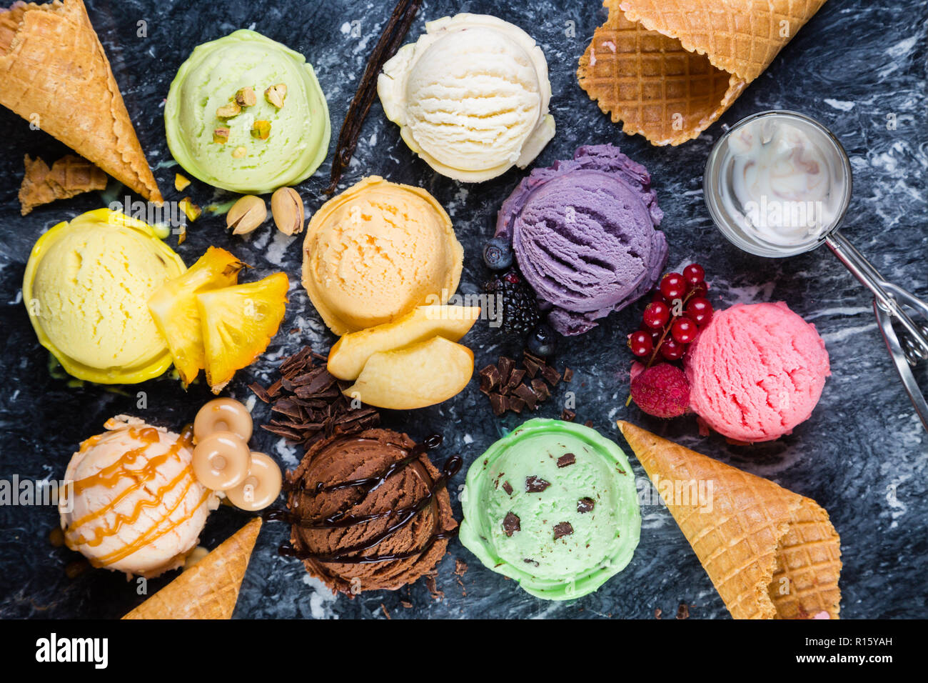 Selection of colorful ice cream scoops on marble background Stock Photo ...