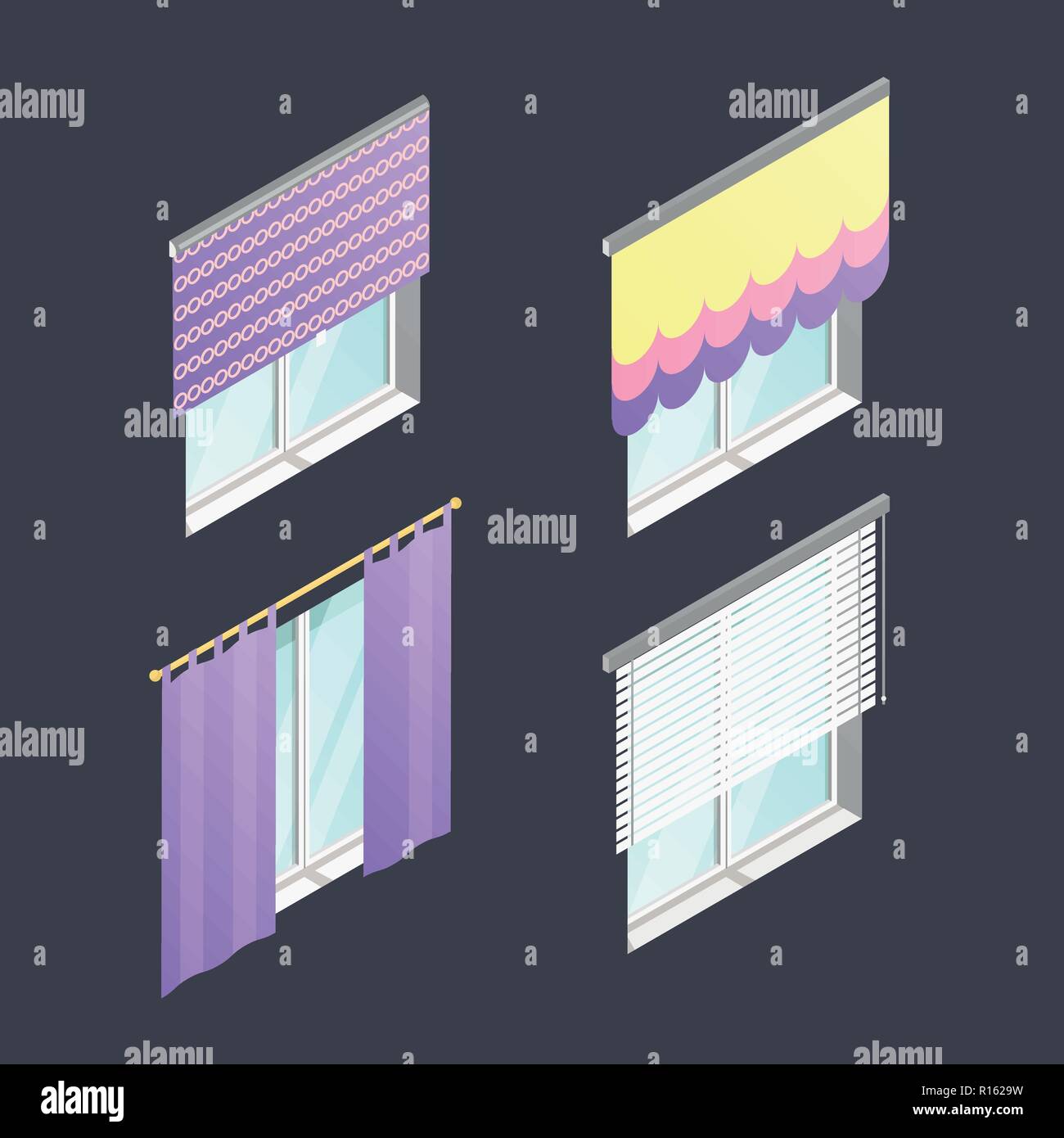 Set of isometric 4 windows with different curtains. Interior design ...
