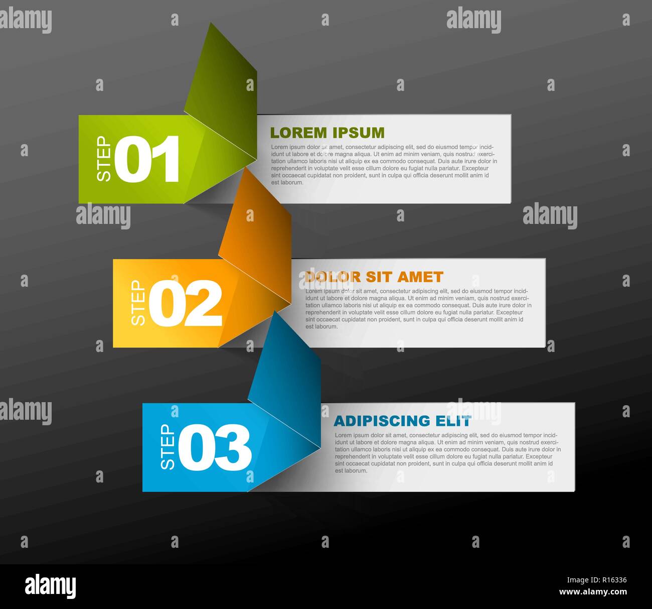 Vector Paper Progress template with three steps - green, orange and ...