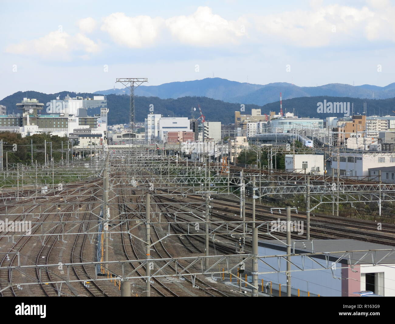 A view of the multiple rail tracks just outside Kyoto station, Japan ...