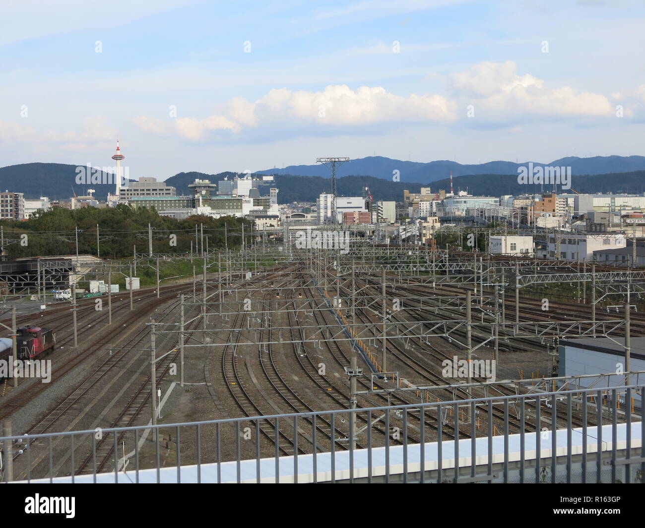 A view of the multiple rail tracks just outside Kyoto station, Japan ...