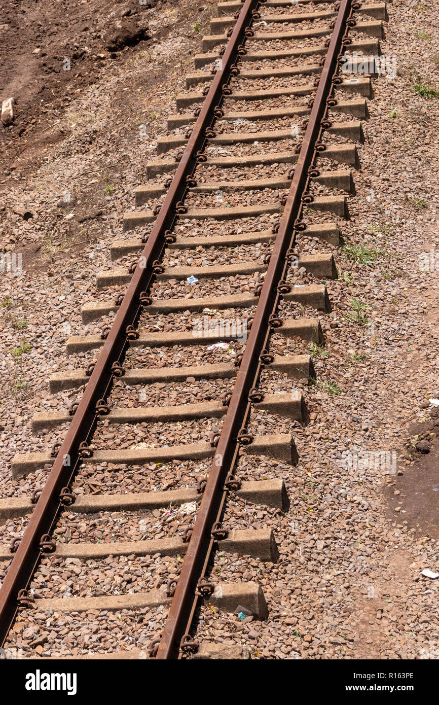 A close up view of a straight metal and concrete railway lines Stock ...