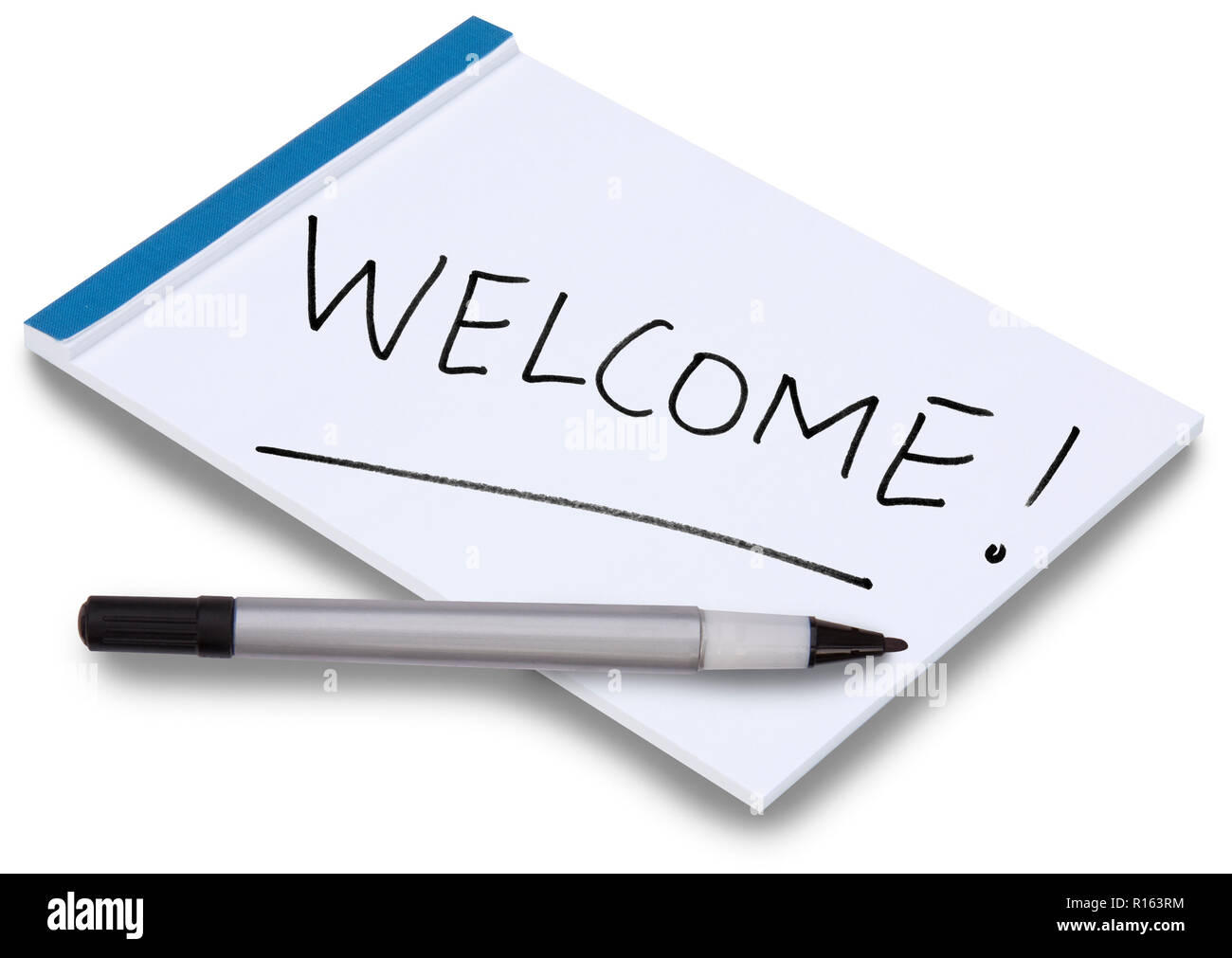 Notepad with handwritten Welcome on a white sheet of paper with blue ...