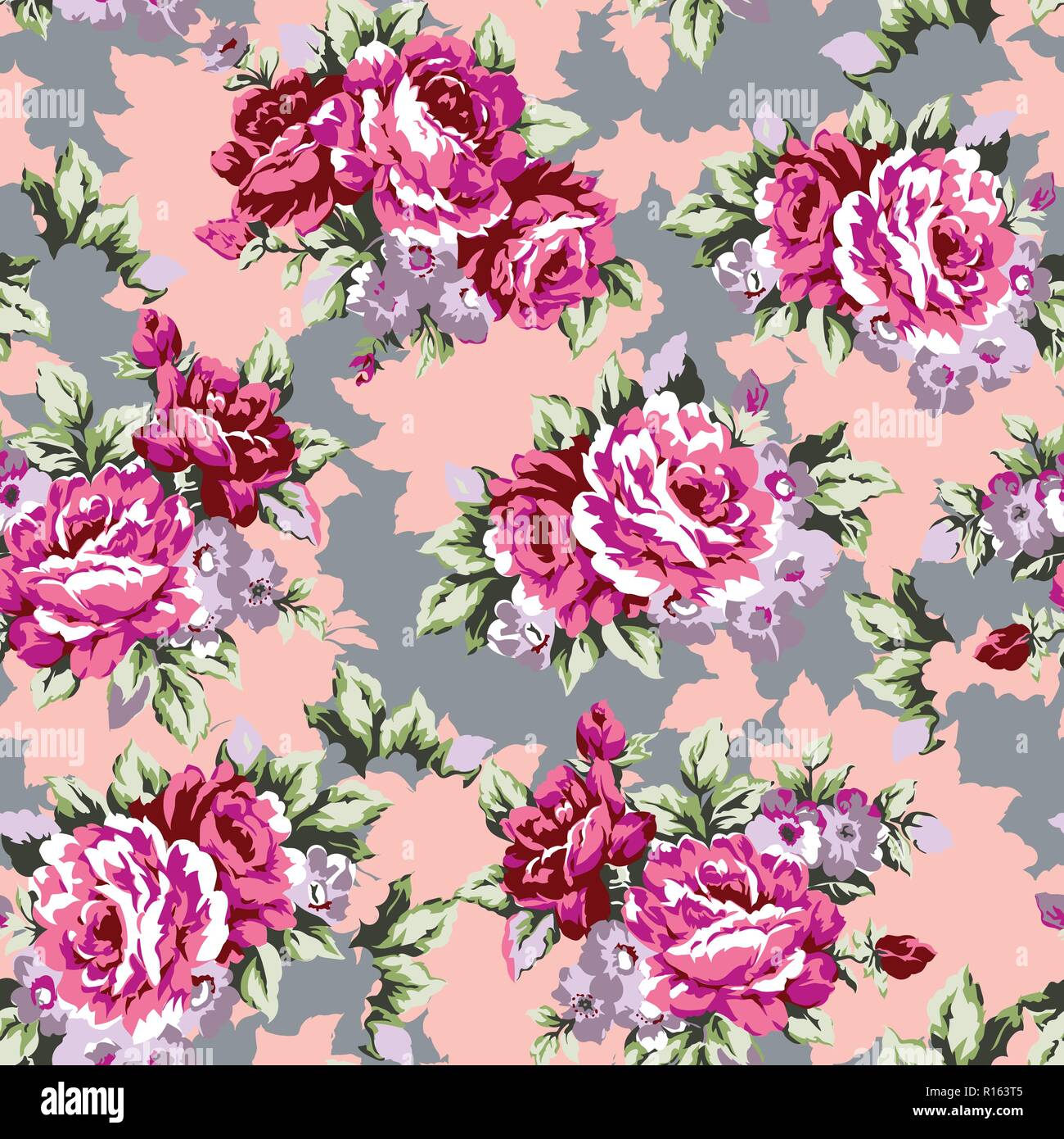 Shabby chic or granny chic vintage chintz roses seamless pattern design, classic ephemera ...