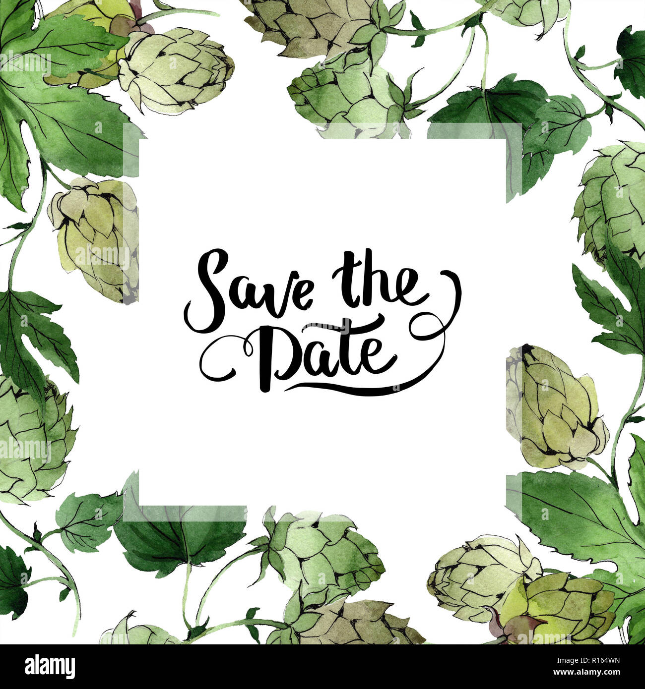 Hops. Green leaf. Frame border ornament square. Save the Date ...
