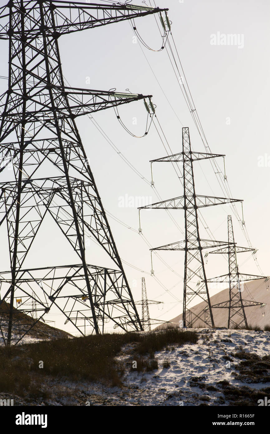 Pylons across the A9 running through mountain scenery, Scotland, UK ...