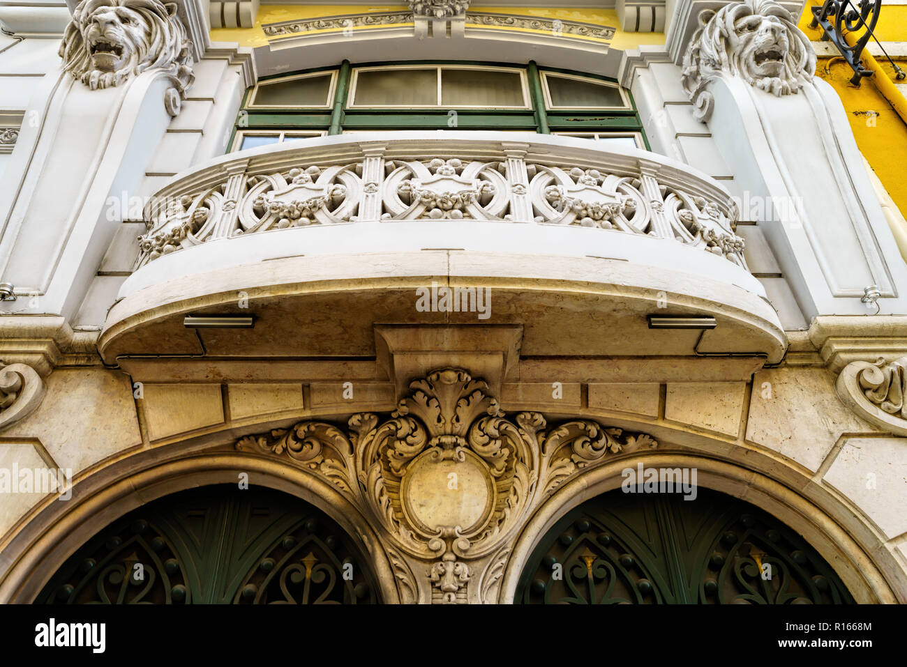 Ancient balcony in old historical city of Lisbon. architectural element ...