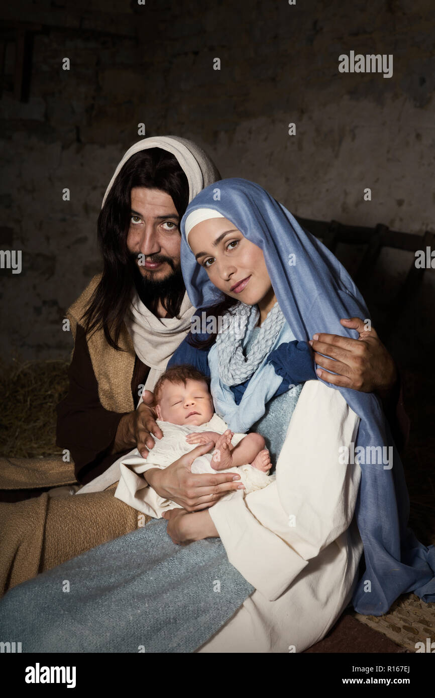 Live Christmas nativity scene in an old barn - Reenactment play with ...