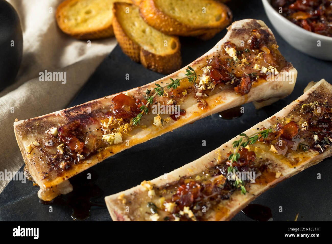 Homemade Roasted Beef Bone Marrow with Thyme and Lemon Stock Photo - Alamy
