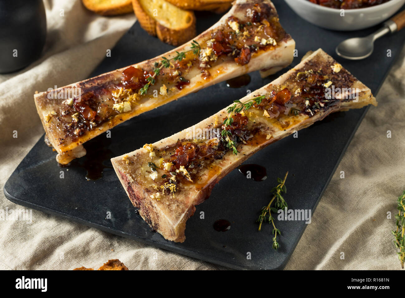 Homemade Roasted Beef Bone Marrow with Thyme and Lemon Stock Photo - Alamy