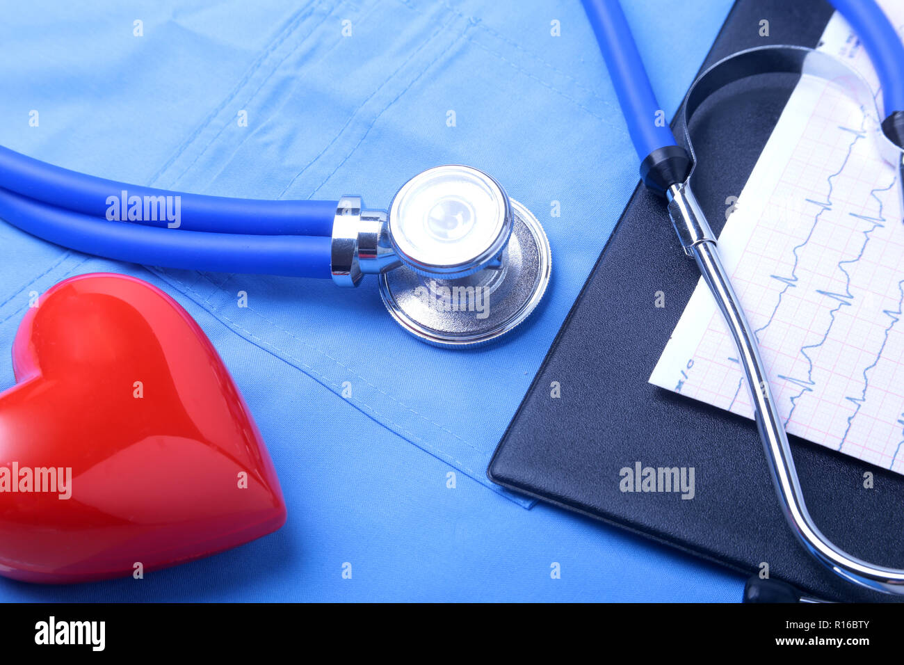 Medical stethoscope, patient medical history list, RX prescription, red ...