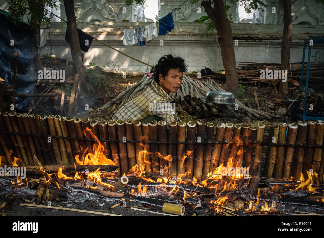 Man sitting behind fires used to cook Bamboo-tube Sticky Rice (Kauke ...