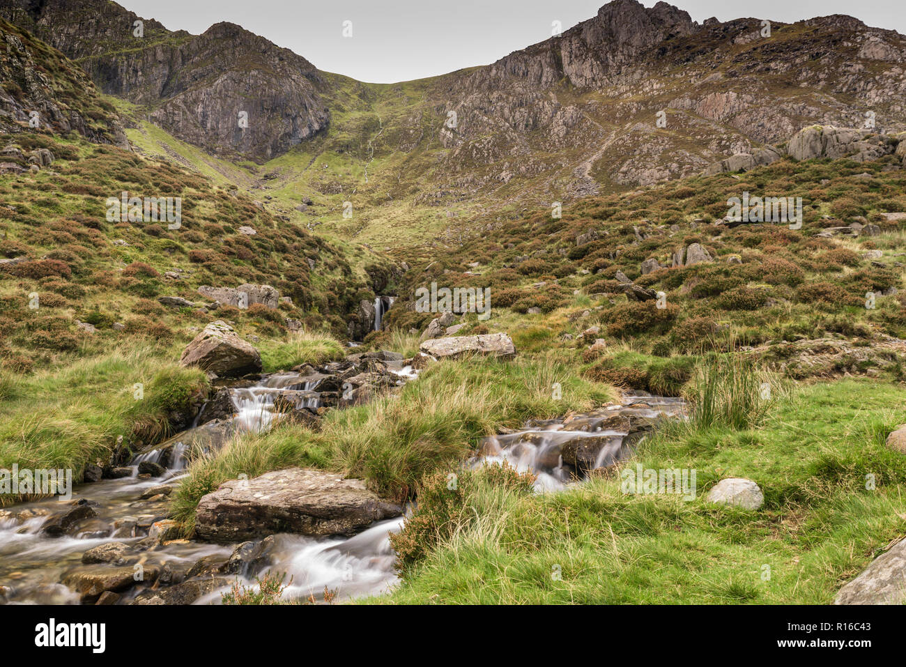 Mountain stream on the Cwm Idwal track in the Snowdonia National Park ...