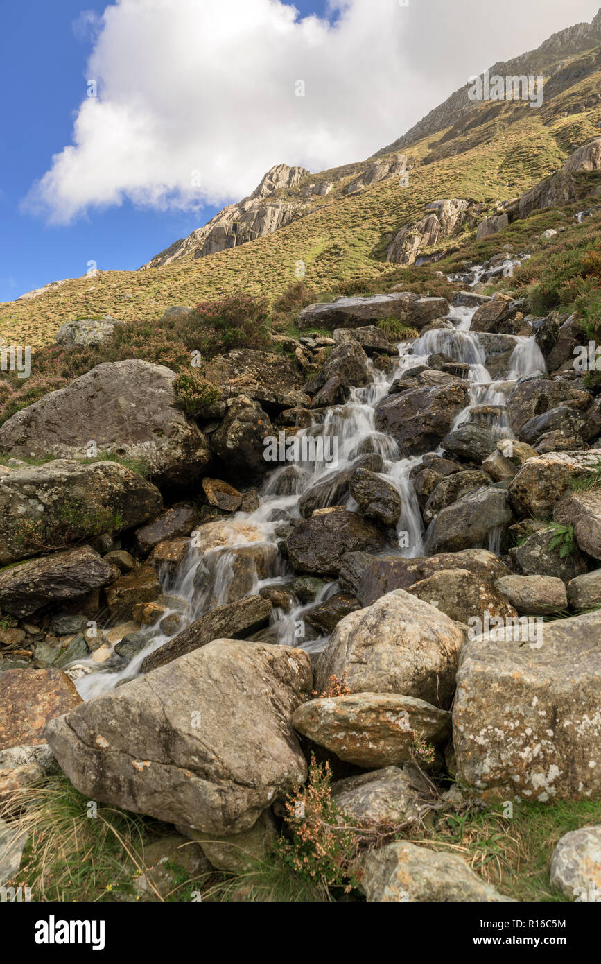 Mountain stream on the Cwm Idwal track in the Snowdonia National Park ...
