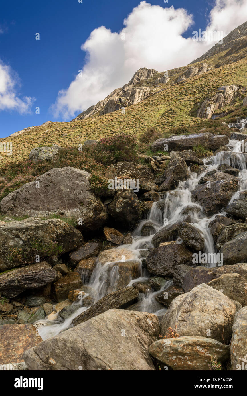 Mountain stream on the Cwm Idwal track in the Snowdonia National Park ...