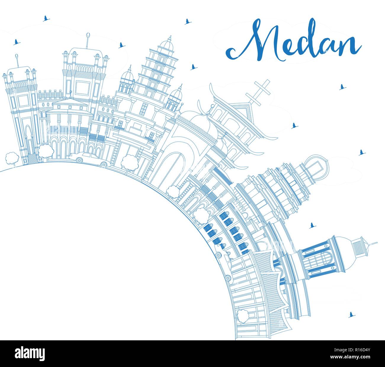 Outline Medan Indonesia City Skyline with Blue Buildings and Copy Space ...