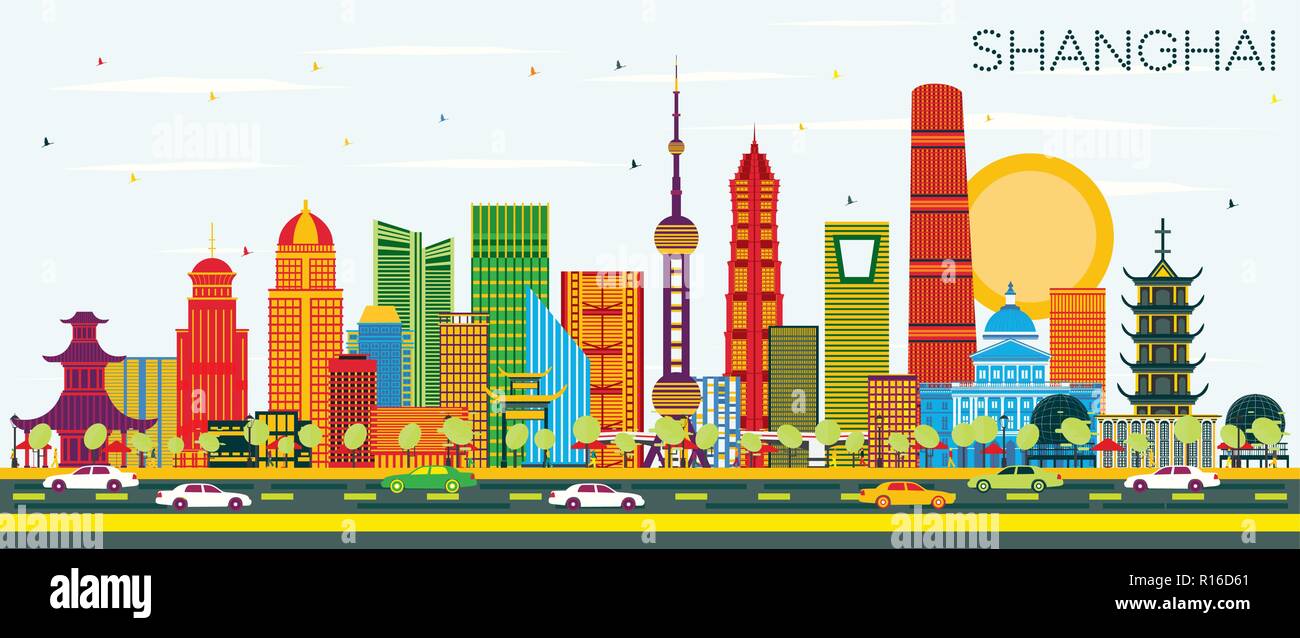 Shanghai China City Skyline with Color Buildings and Blue Sky. Vector ...