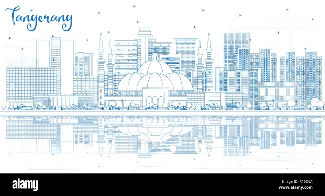 Outline Tangerang Indonesia City Skyline with Blue Buildings and ...