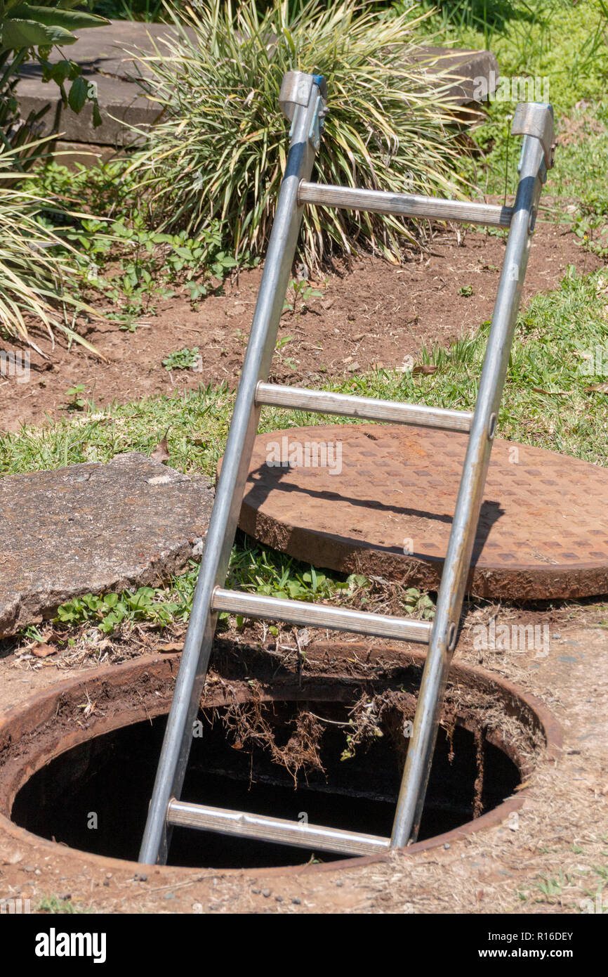 A close up front view of a metal sliver ladder half sticking out a ...