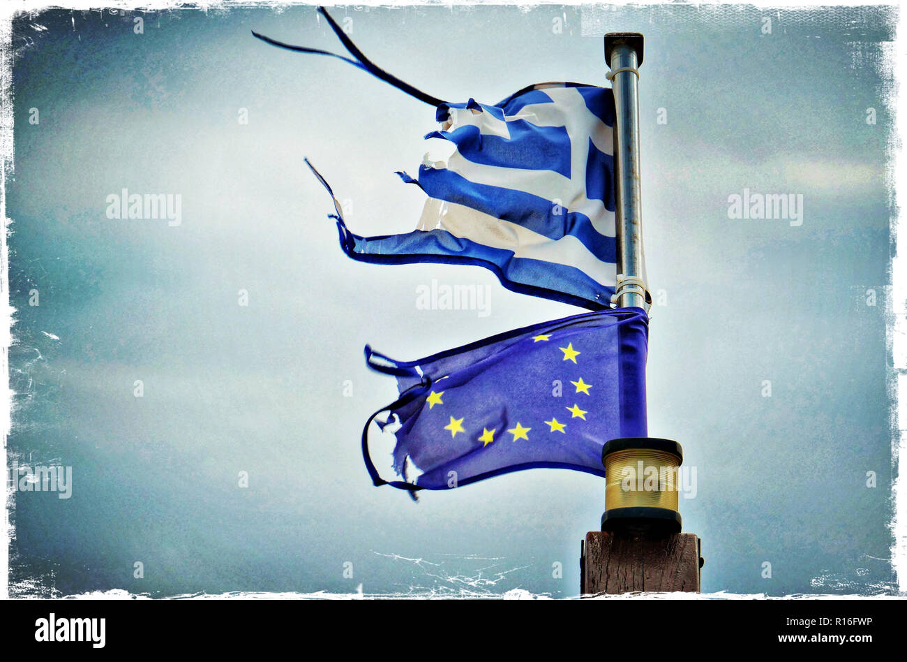Elounda, Greece. 13th Sep, 2018. The shredded flags of Greece and the ...